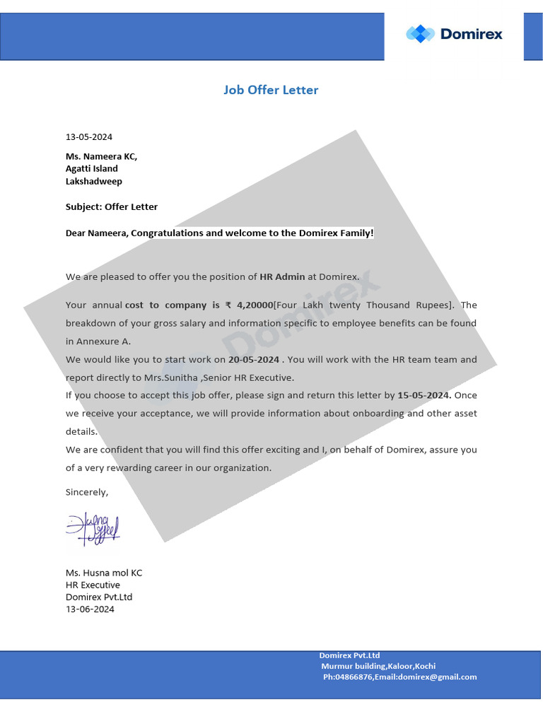 Job Offer Letter | PDF | Salary | Employment