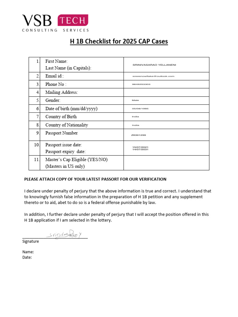 VSB TECH - H 1B CAP 2025 Checklist | PDF | Law