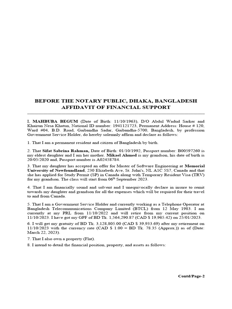 Affidavit of Financial Support in Bangladesh | PDF | Affidavit | Money