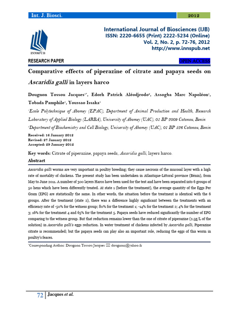 Comparative effects of piperazine of citrate and papaya seeds on ...
