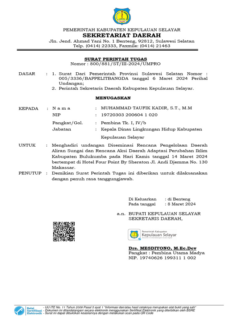 10 SURAT TUGAS TTD SETDA MAKSSAR 2024 | PDF