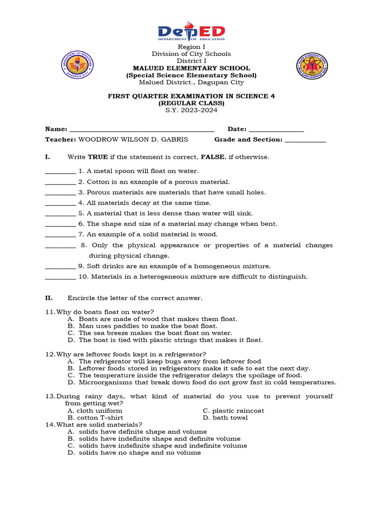 1ST Quarter Exam - Science 4 - RC - Sy 2022 2023 | PDF | Mixture | Waste
