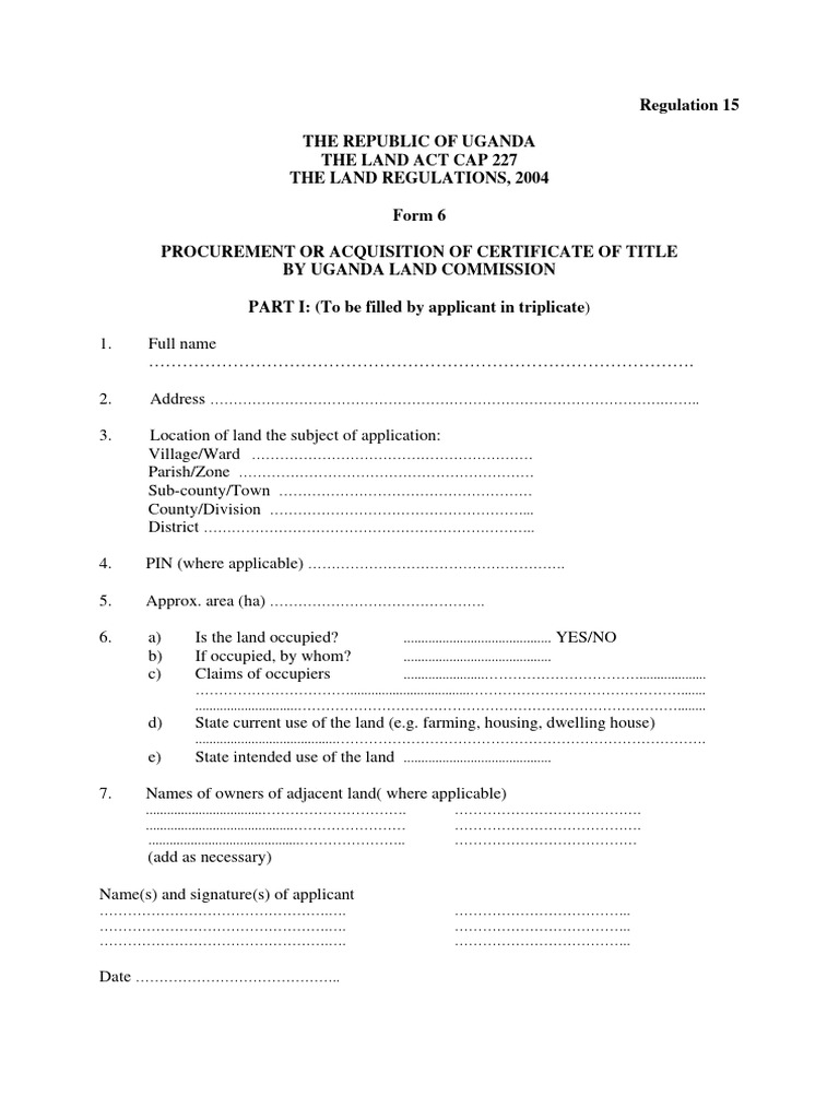Land Form6 Aquisition of Certficate of Title by ULC | PDF | Justice | Crime & Violence