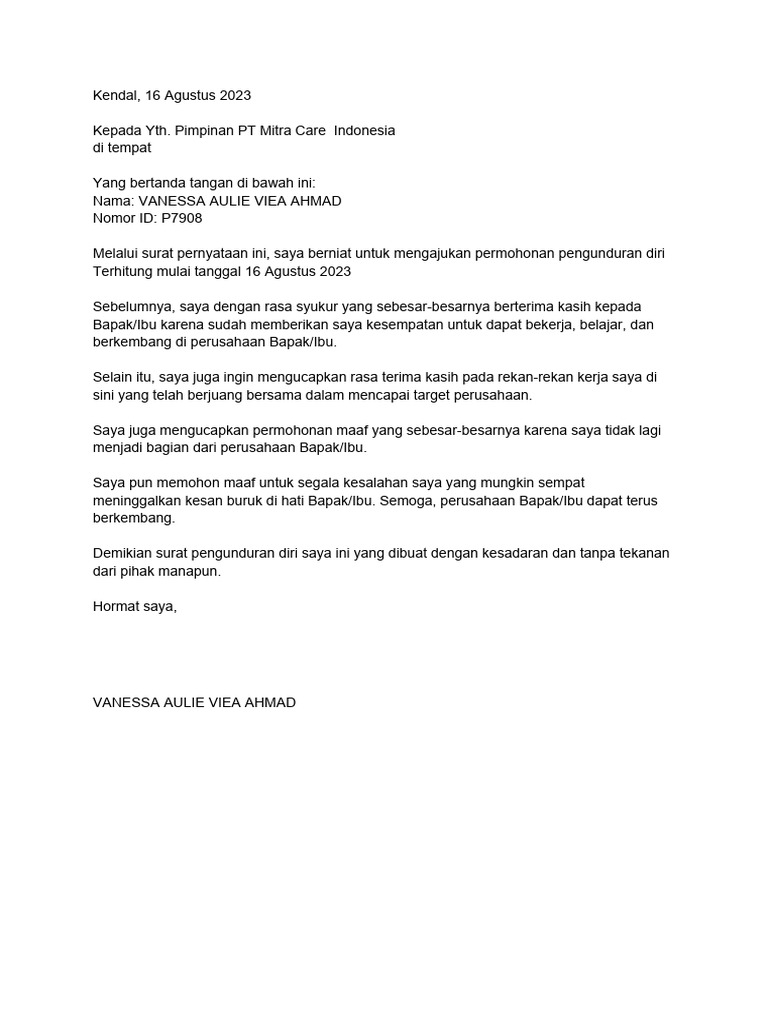 Surat Resign | PDF | Karier & Perkembangan