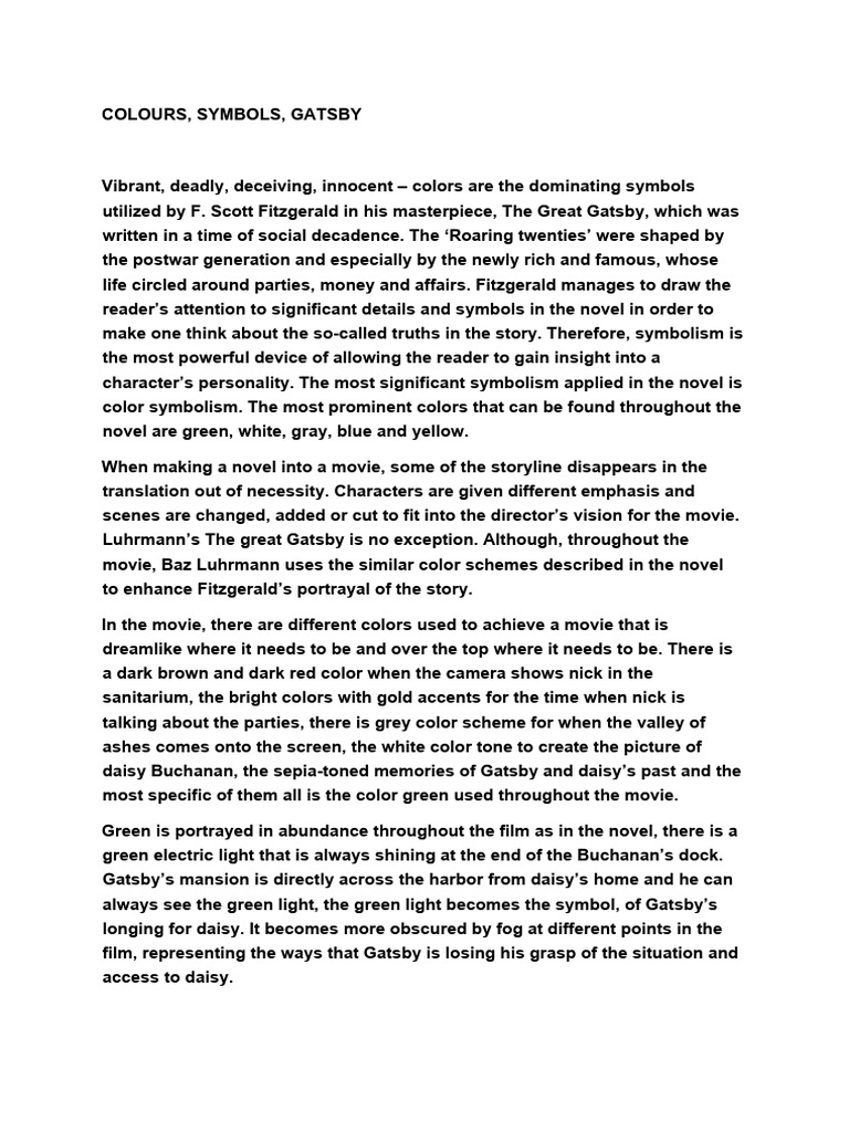 Colors, Symbols and Gatsby | PDF | The Great Gatsby | Color