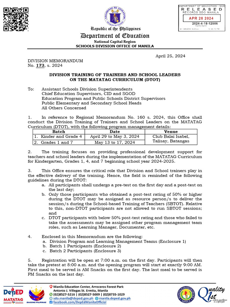 DM 173 S. 2024 DIVISION TRAINING OF TRAINERS AND SCHOOL LEADERS ON THE ...