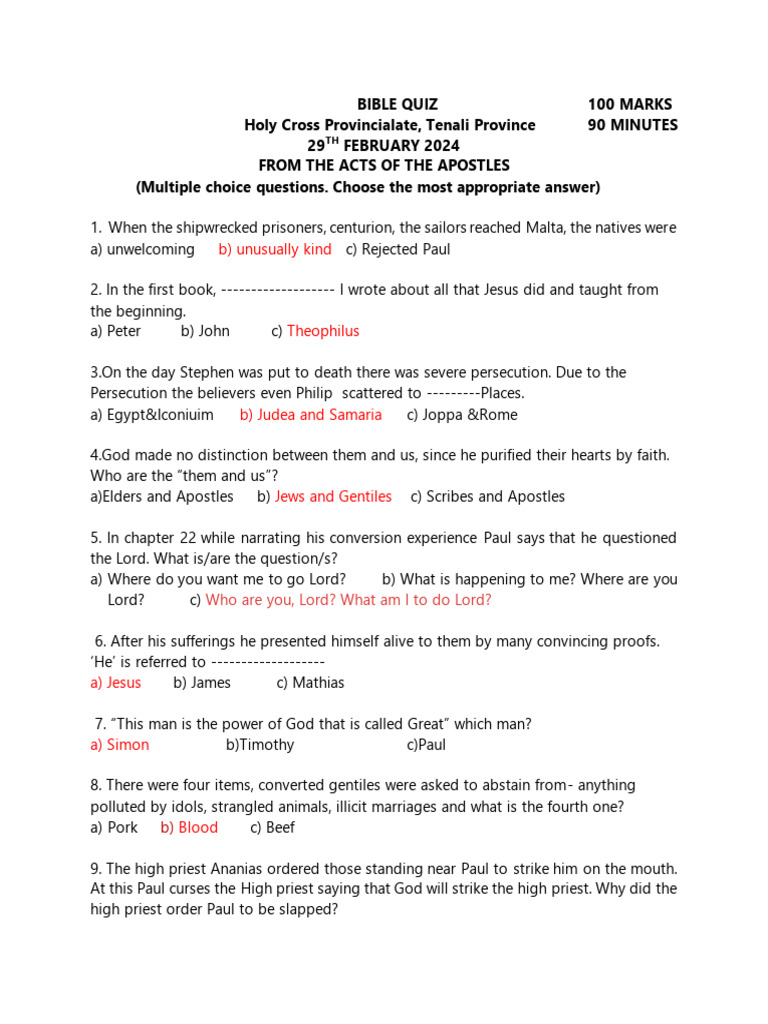 Acts of the Apostles Quiz with Answers | PDF | Paul The Apostle | Saint ...