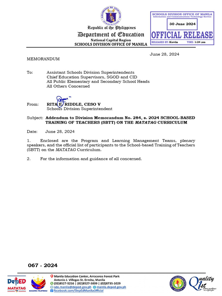 Um 067 S. 2024 Addendum To Division Memorandum No. 284 S. 2024 School ...