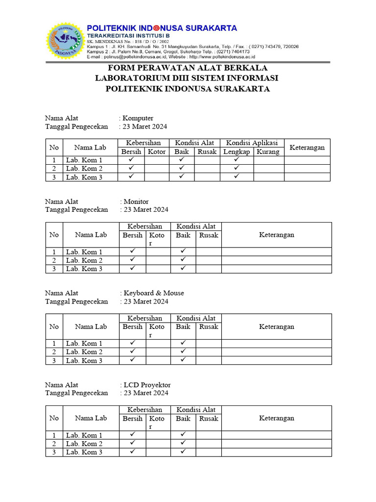 Formulir Perawatan Alat Laboratorium | PDF | Sains & Matematika ...