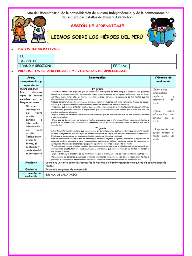 U4 S4 SESION D4 PLAN LECTOR LEEMOS SOBRE LOS HEROES DEL PERU | PDF ...