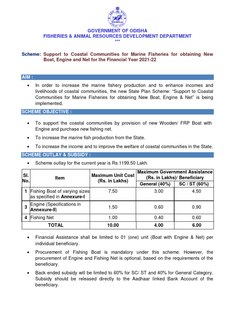 Subsidy For New Boat, Engine & Net For Development of Marine Fisheries | PDF | Subsidy
