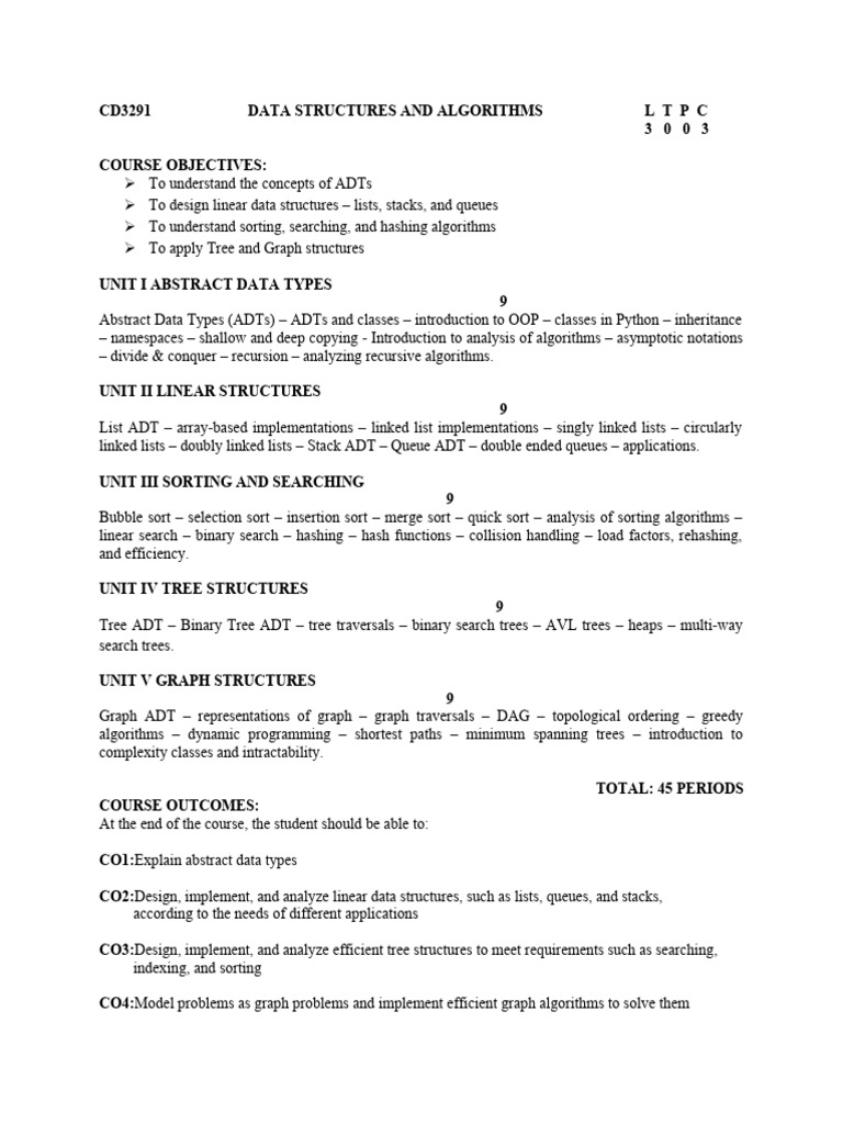 CD3291 DATA STRUCTURES AND ALGORITHMS Syllbus With Copo | PDF ... CD3291 DATA STRUCTURES AND ALGORITHMS Syllbus With Copo | PDF ...