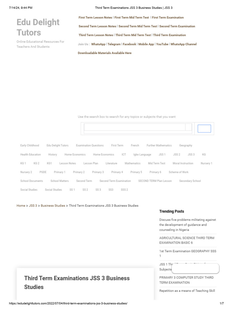 Third Term Examinations JSS 3 Business Studies - JSS 3 | PDF | Banks ...