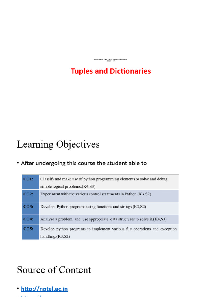 U18csi2201 Unit 4 Tuples And Dictionaries 1 Pdf Parameter