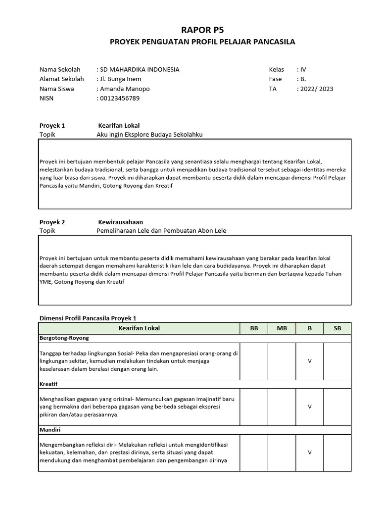 Raport Proyek Merdeka 1-6 | PDF