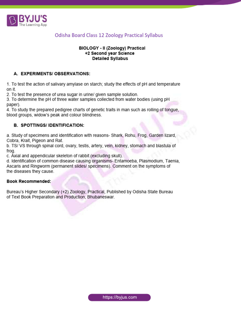 Odisha Board Class 12 Zoology Practical Syllabus | PDF | Science ...