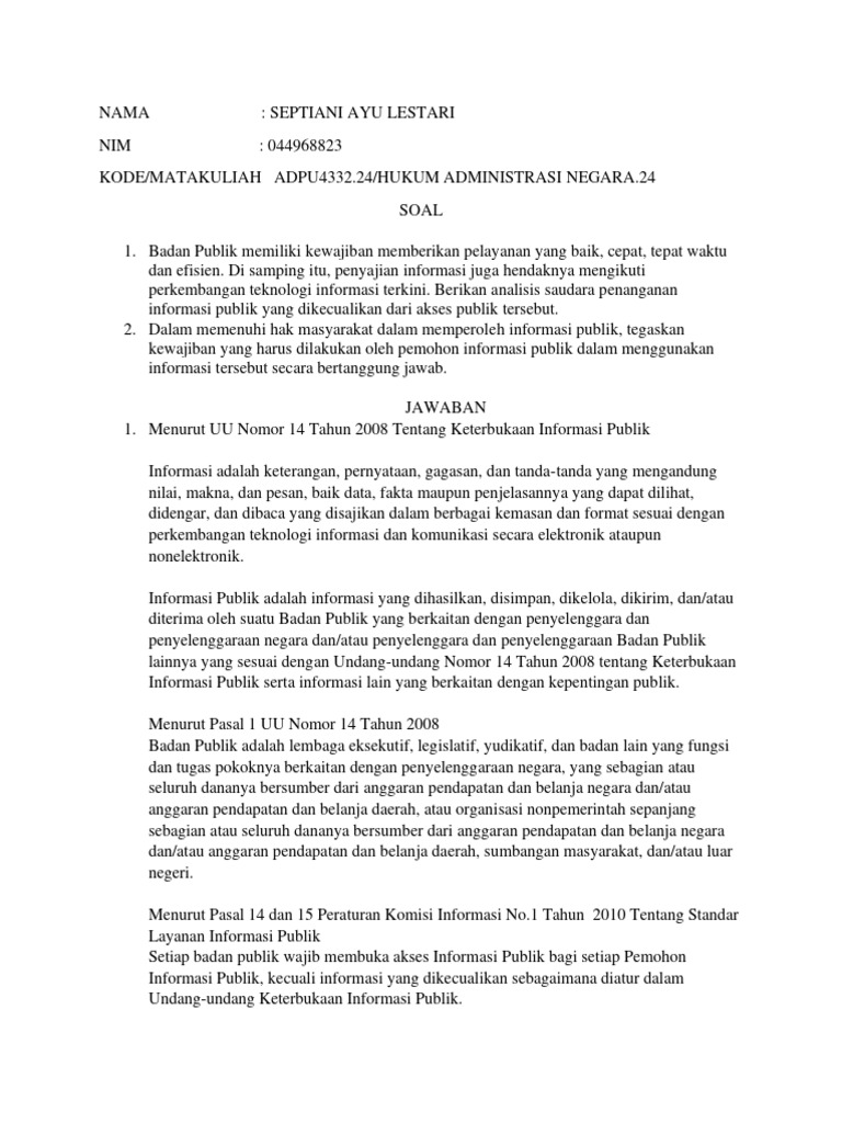 Tugas 3 Hukum Administrasi Negara - 044968823 - Septiani Ayu Lestari | PDF Tugas 3 Hukum Administrasi Negara - 044968823 - Septiani Ayu Lestari | PDF