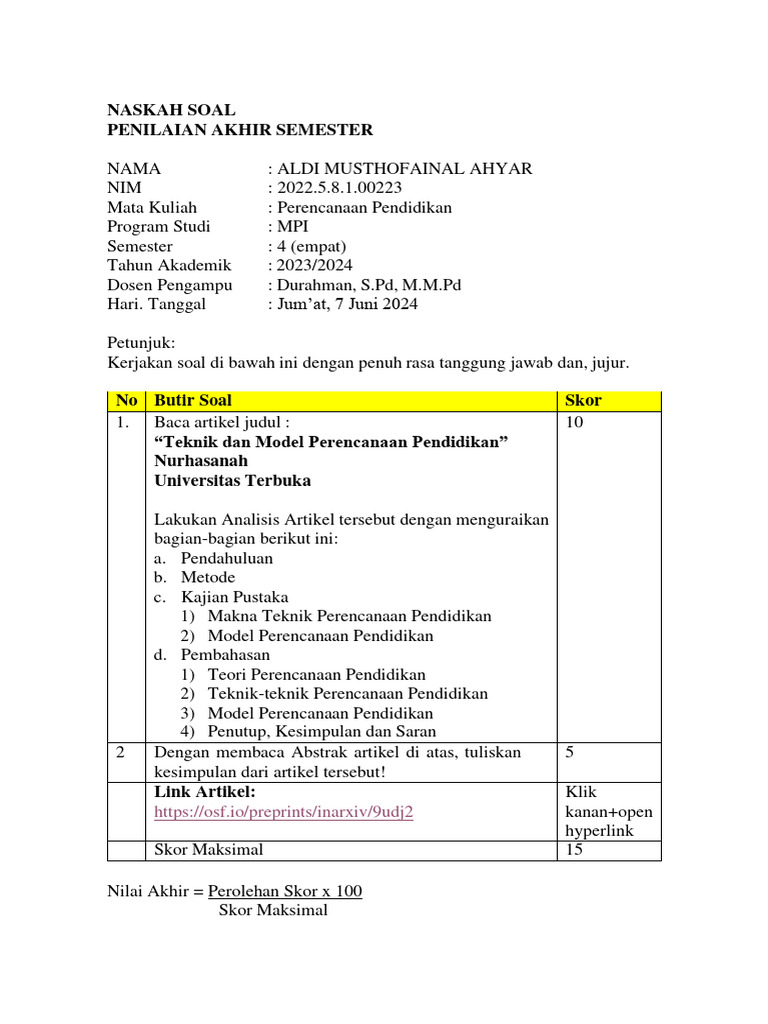 2022 - 5 - 8 - 1 - 00223 - ALDI - M - A - UAS - MK - Perencanaan Pendidikan - Education Planning ...