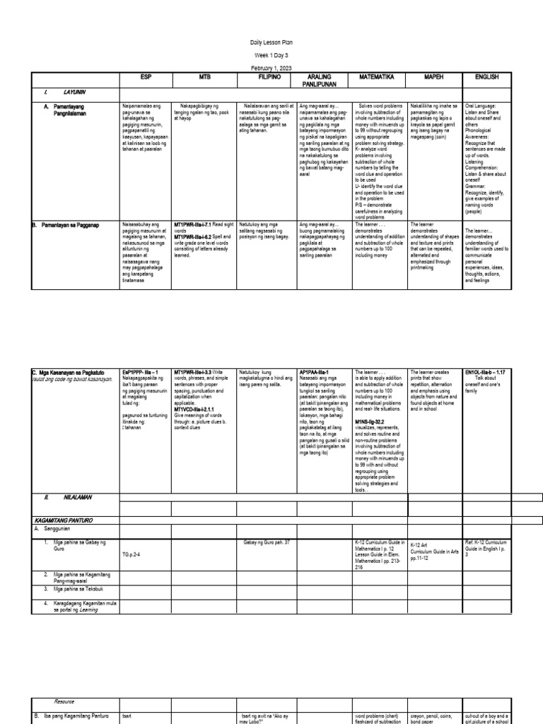 Grade 1 DLL All Subjects Q3 Week 1 Day 3 | PDF