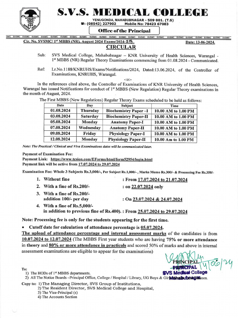 1st MBBS (KNR UHS Exams, Time Table & Fee Payment Dates) | PDF