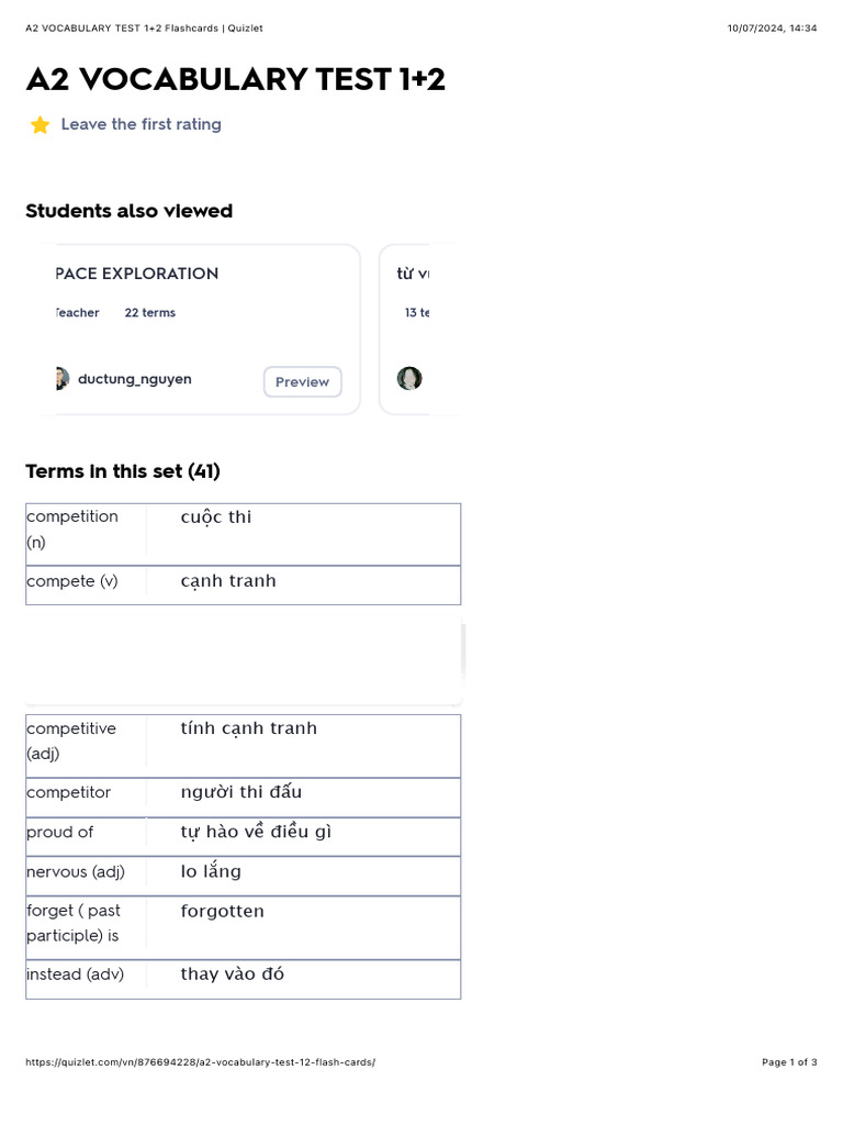 A2 Vocabulary Test 1+2 Flashcards - Quizlet | PDF