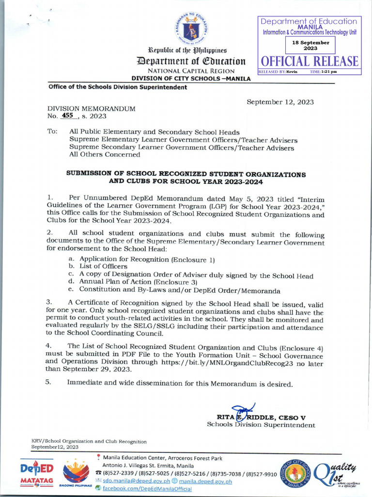 DM 455 S. 2023 SUBMISSION OF SCHOOL RECOGNIZED STUDENT ORGANIZATIONS ... DM 455 S. 2023 SUBMISSION OF SCHOOL RECOGNIZED STUDENT ORGANIZATIONS ...
