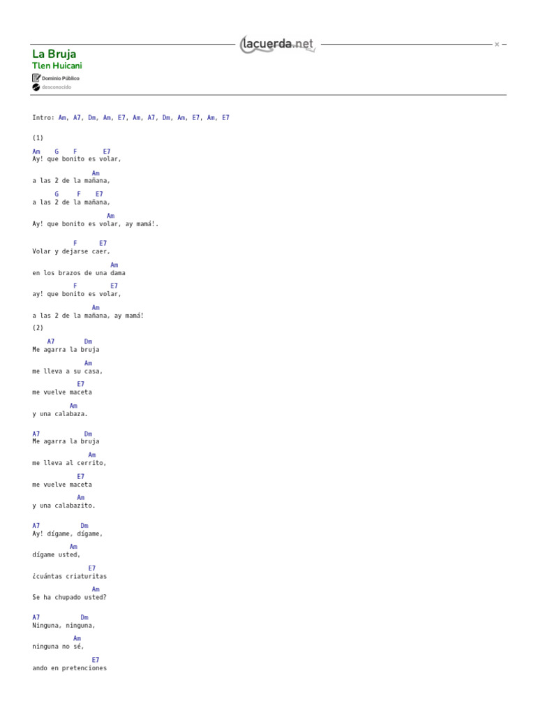 LA BRUJA, Tlen Huicani - Acordes | PDF