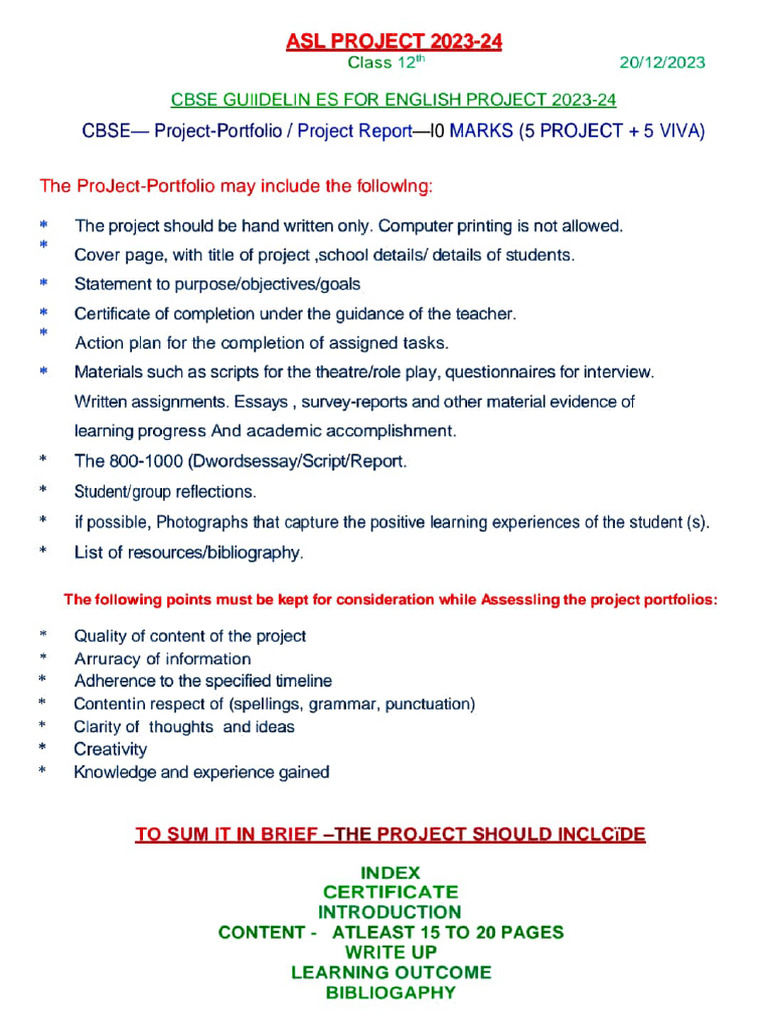 Class 12 ASL Project Guidelines 2023-24 | PDF | Foreign Language ...
