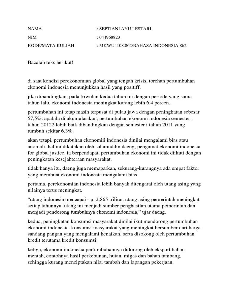 Tugas 3 Bahasa Indonesia - 044968823 - Septiani | PDF | Ilmu Sosial