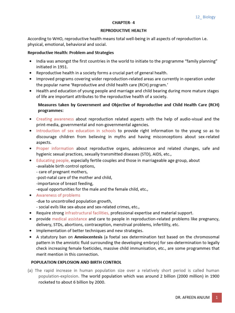 12 - Bio Chap 4 Reproductive Health | PDF | Birth Control | Sexual ...