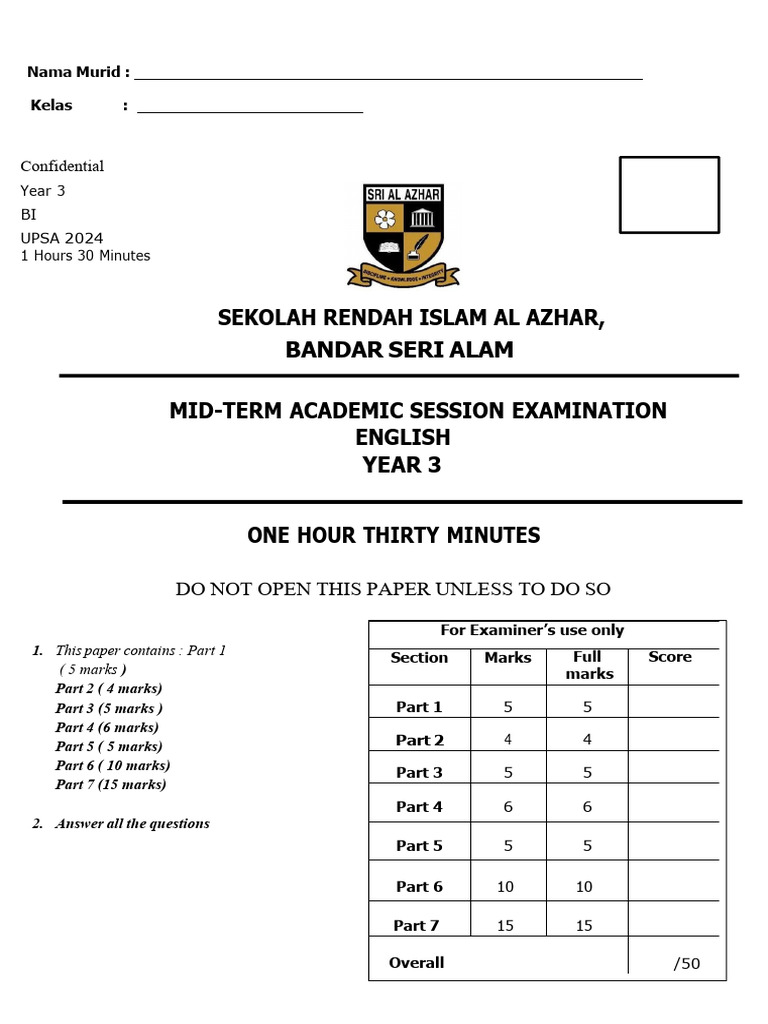 English Year 3 Upsa 2024 Bi | PDF