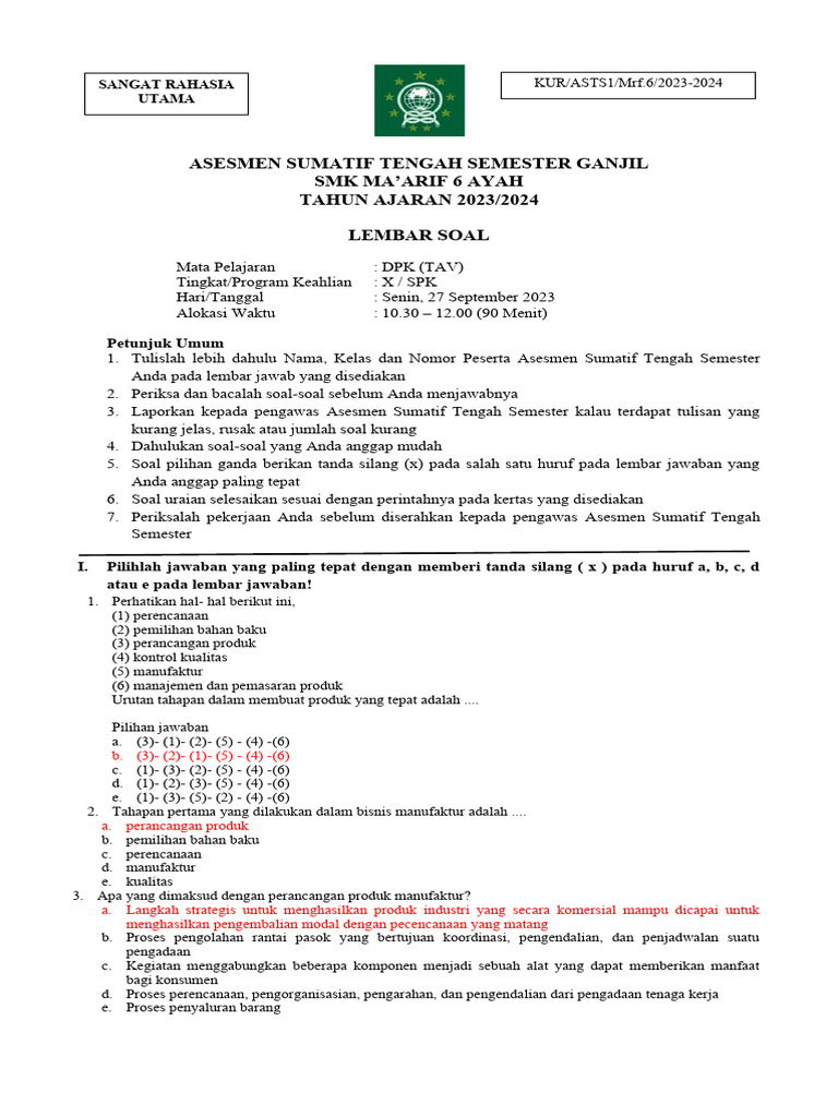 Dte 2. Soal Pat Semester 1 2023 2024 | PDF