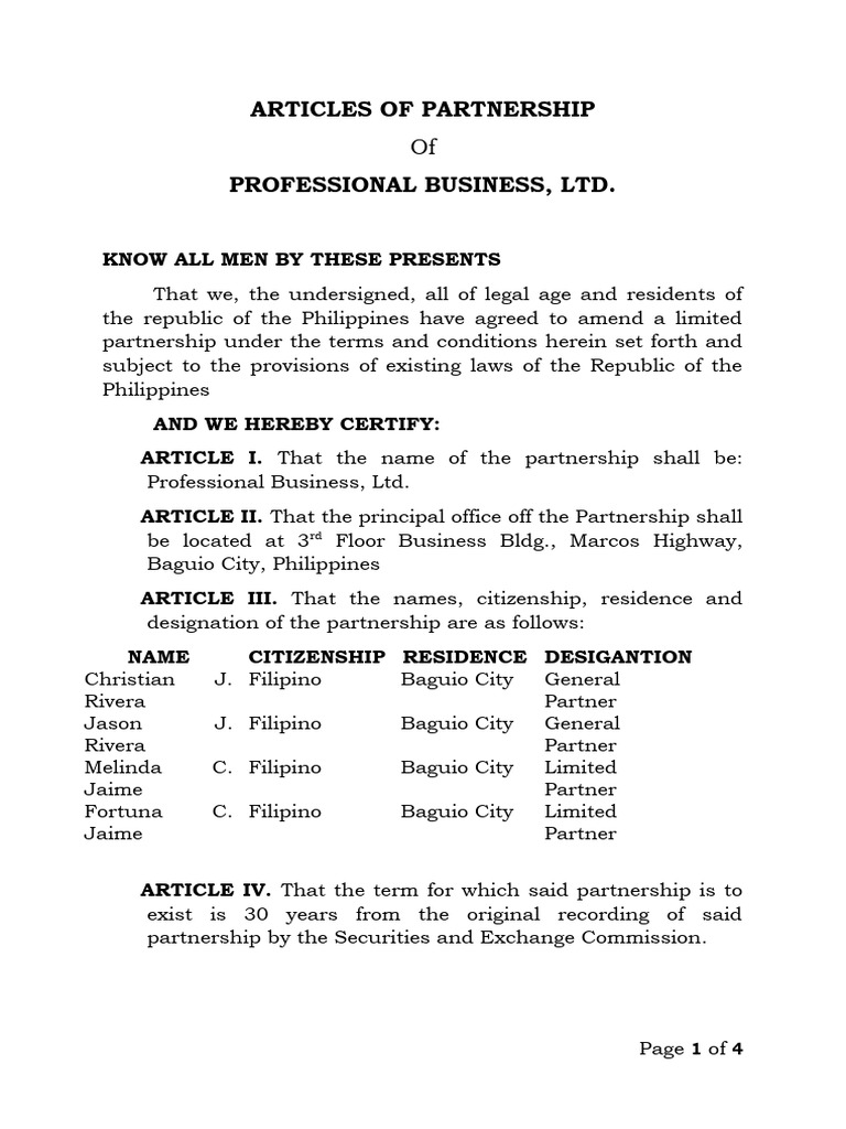 Articles of Partnership | PDF | Partnership | Philippines
