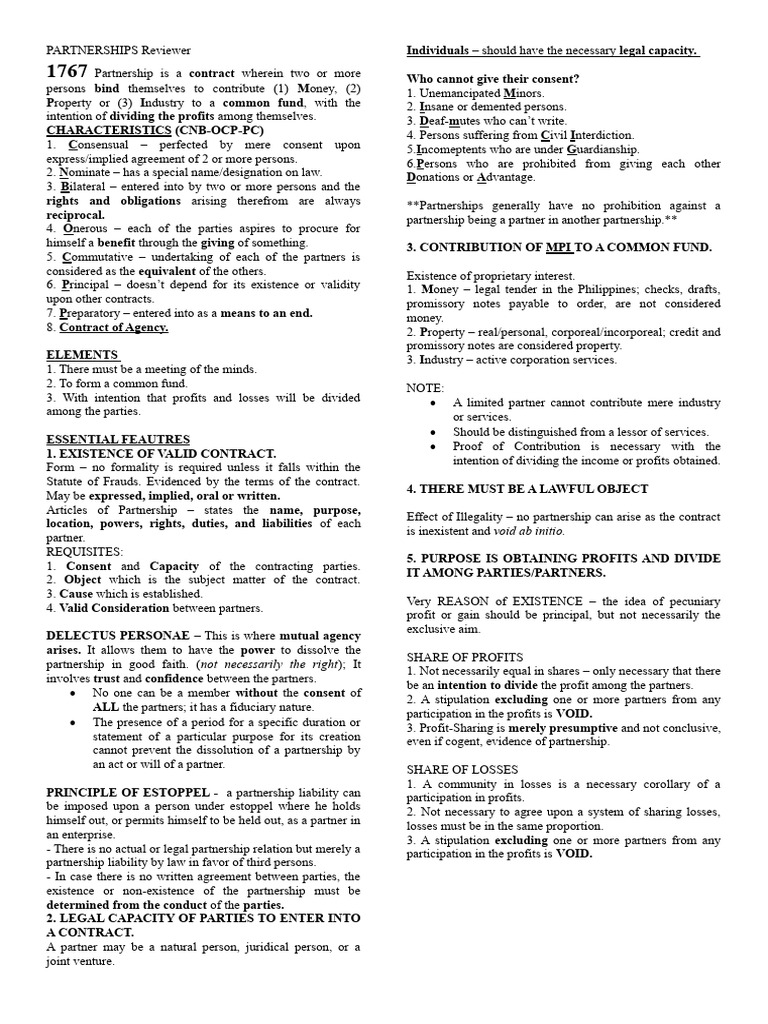 Partnerships Reviewer Personal Notes | PDF | Partnership | Liquidation