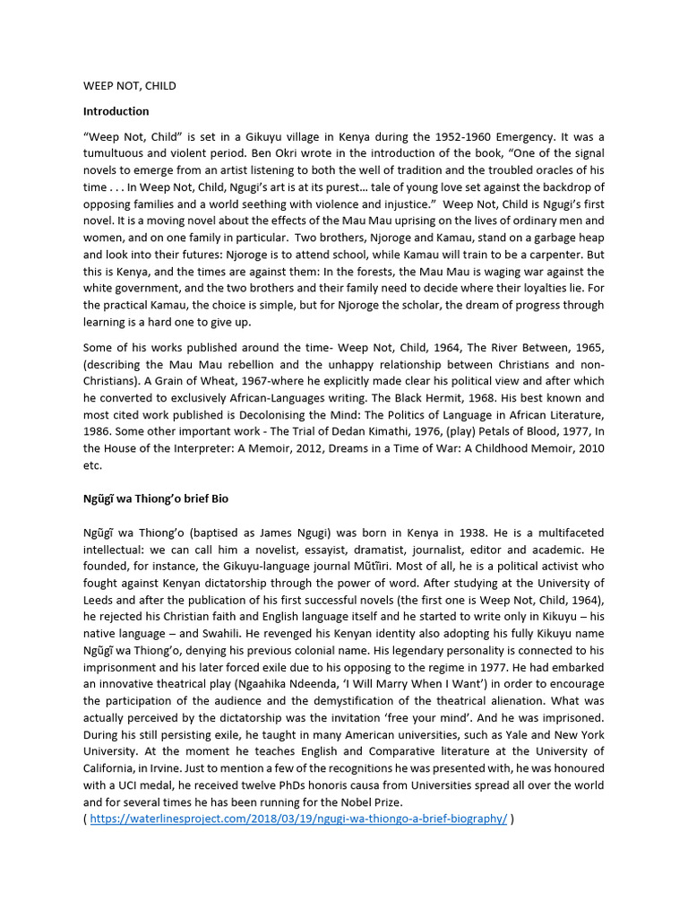 Weep Not, Child: Ngugi's First Novel | PDF | Politics
