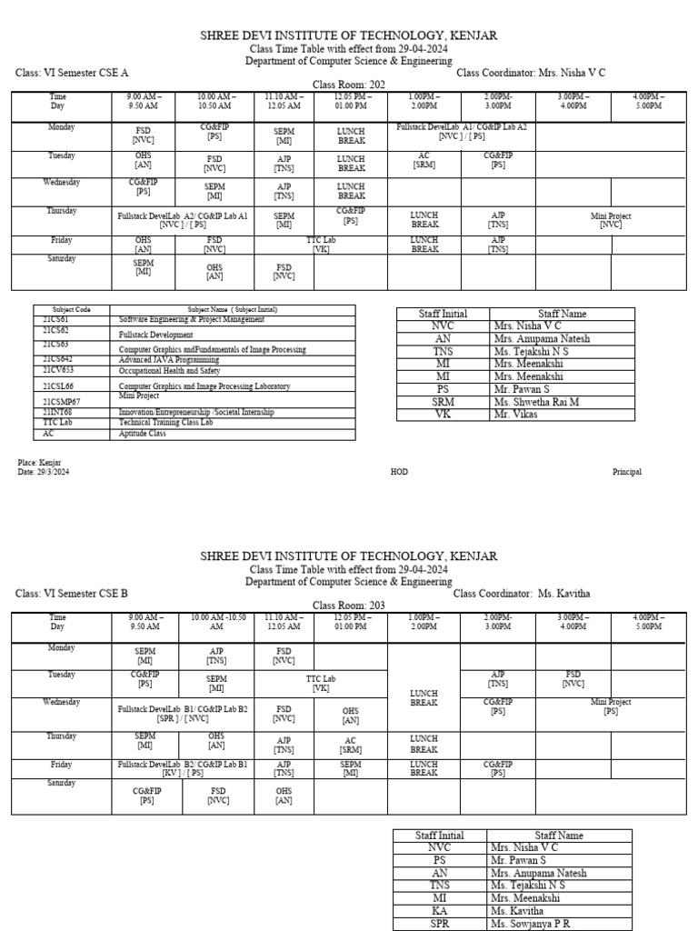 6th Sem CSE and ISE Class Time Table 29th April 2024 | PDF | Business | Systems Engineering