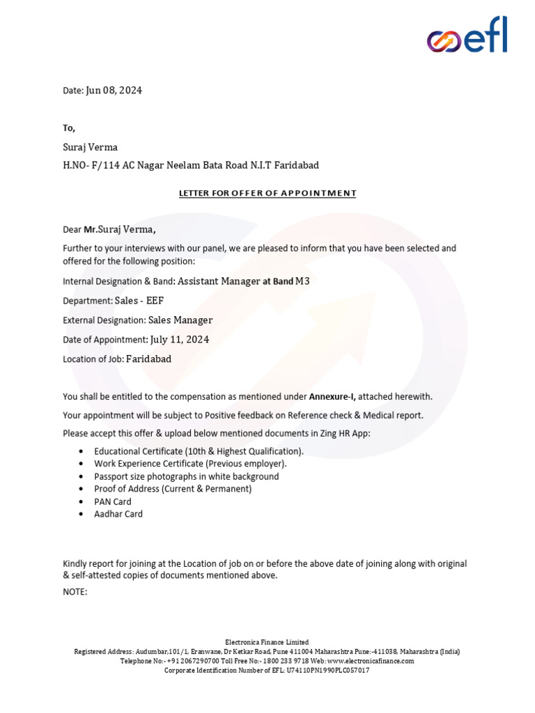 Offer Letter for Sales Manager Position | PDF | Insurance | Salary