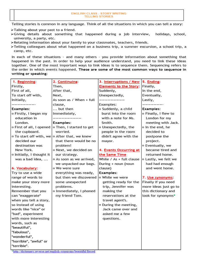 Story Writing: Connectors and Tips | PDF | Linguistics
