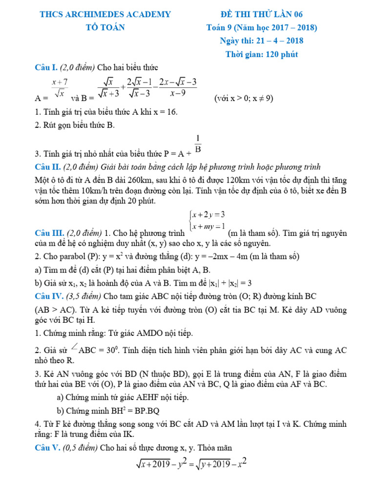 KT9 - TT VÀO 10 - lần-6-THCS-Archimedes-Academy-2017-2018 | PDF
