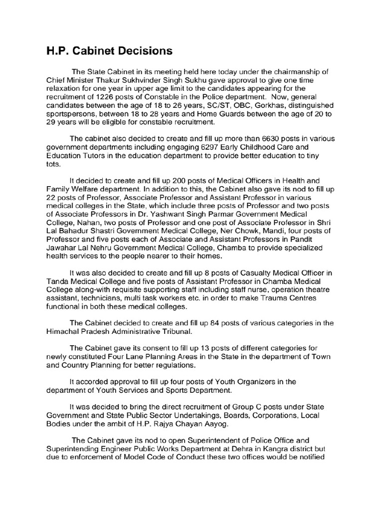 Today Cabinet Decisions | PDF