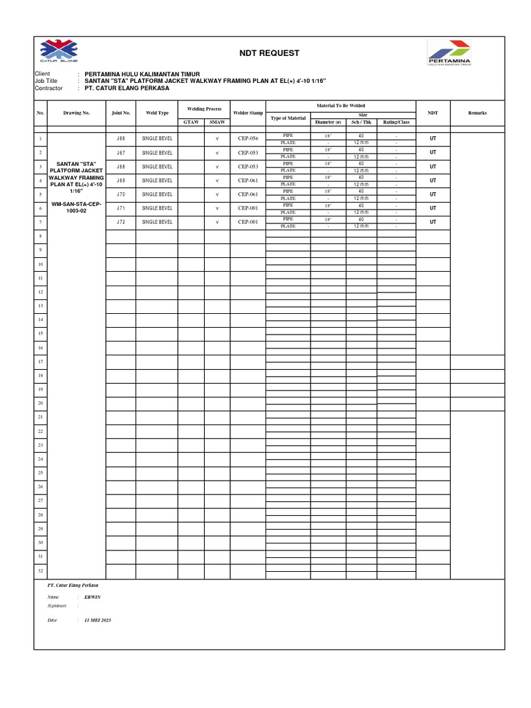NDT Req Santan-Sta El+4 Tgl.11.5.23 - 120225 | PDF | Pipe (Fluid Conveyance) | Process Engineering