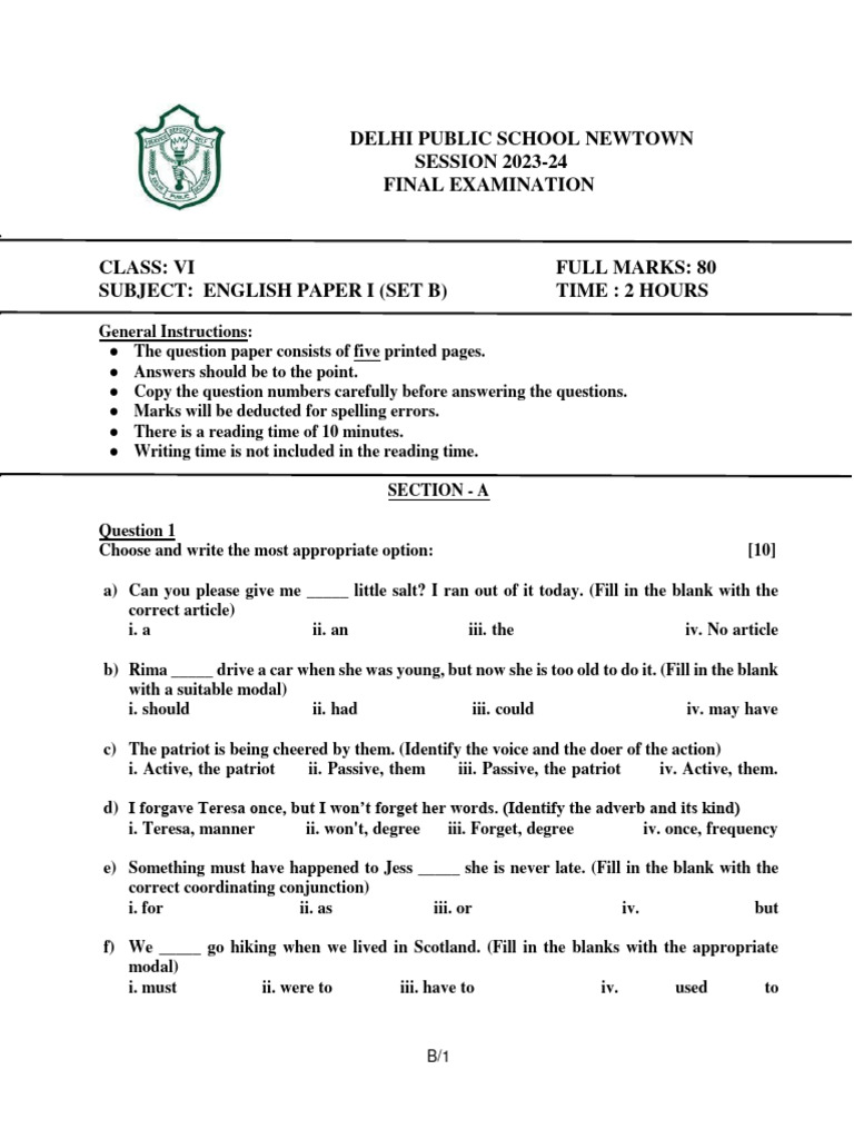 Cl. 6 - Final Exam - English Language Paper-I (Set-B) | PDF