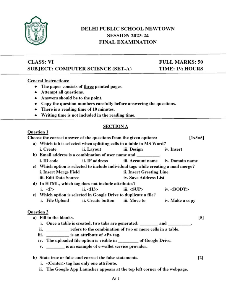 Cl. 6 - Final Exam - Computer Science (Set-A) | PDF | Html | Computer File