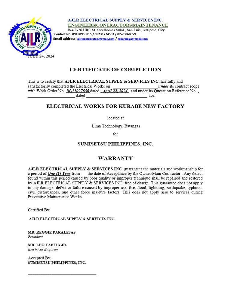 SAMPLE - Cerificate of Completion & Warranty | PDF | Home & Garden