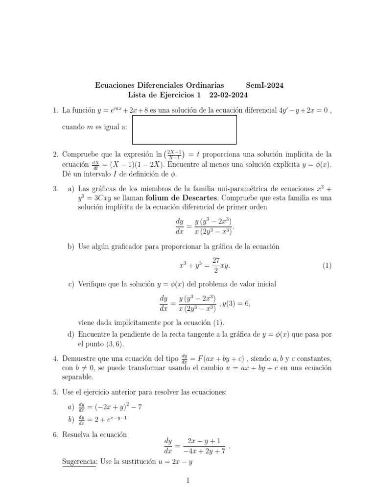 Lista 1 Ejercicios 22-02-2024 | PDF | Ecuaciones | Ecuaciones diferenciales