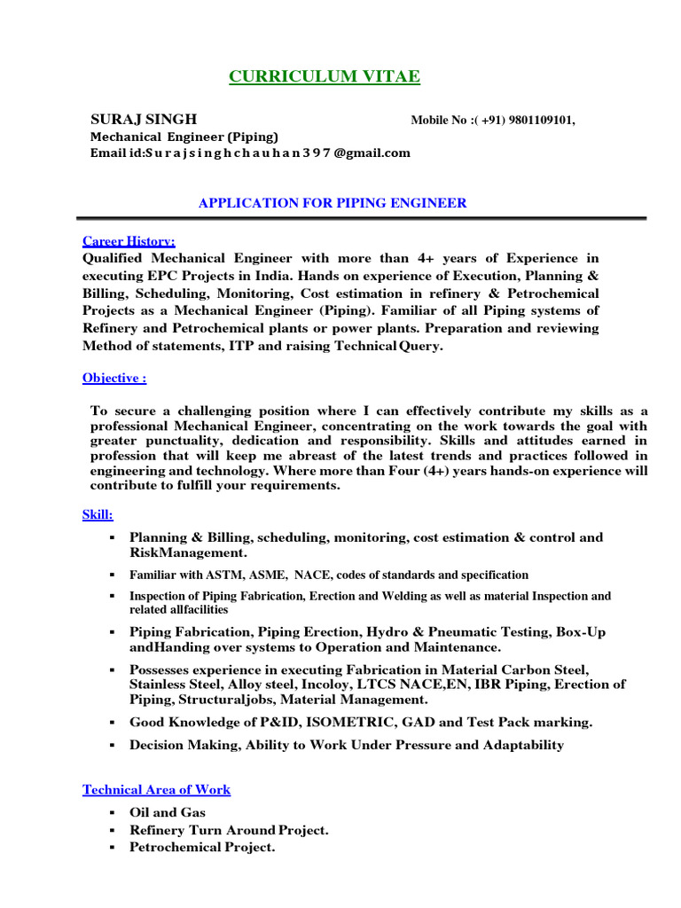 Suraj CV | PDF | Pipe (Fluid Conveyance) | Mechanical Engineering
