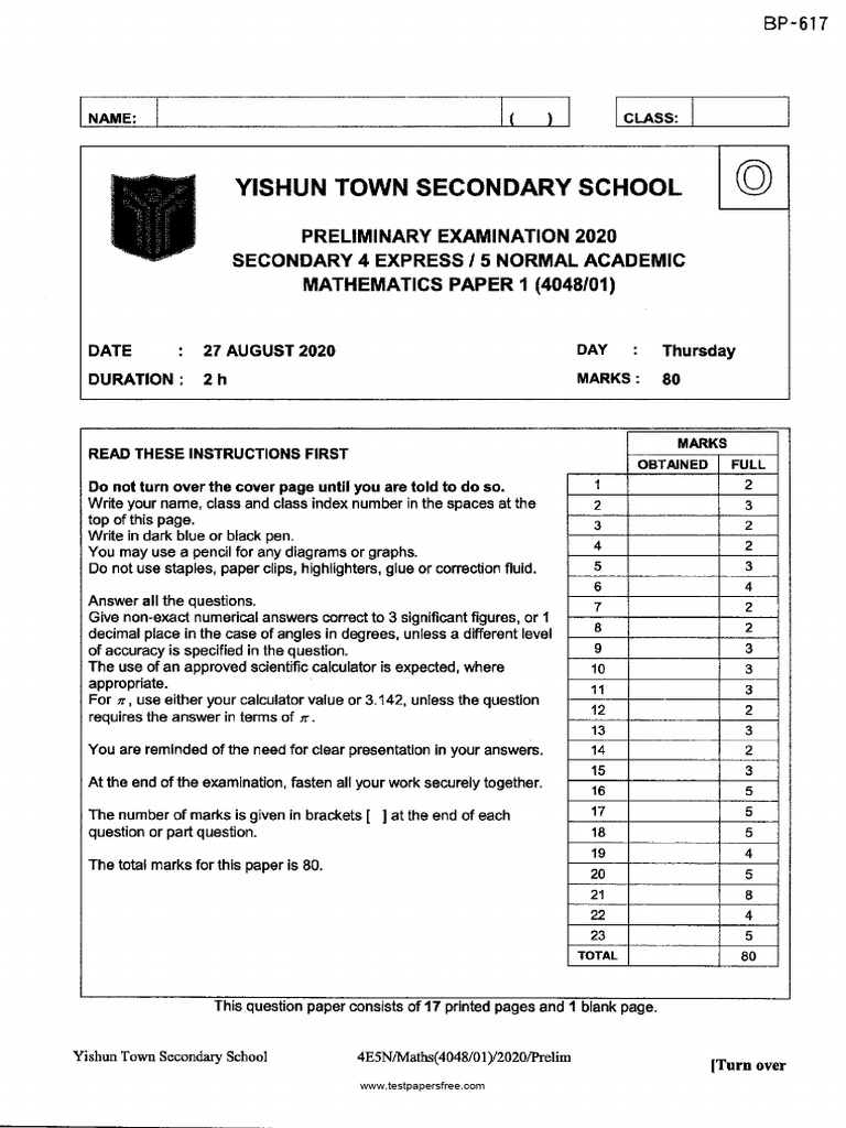 Sec4 EMaths 2021 SA2 Yishun Town | PDF