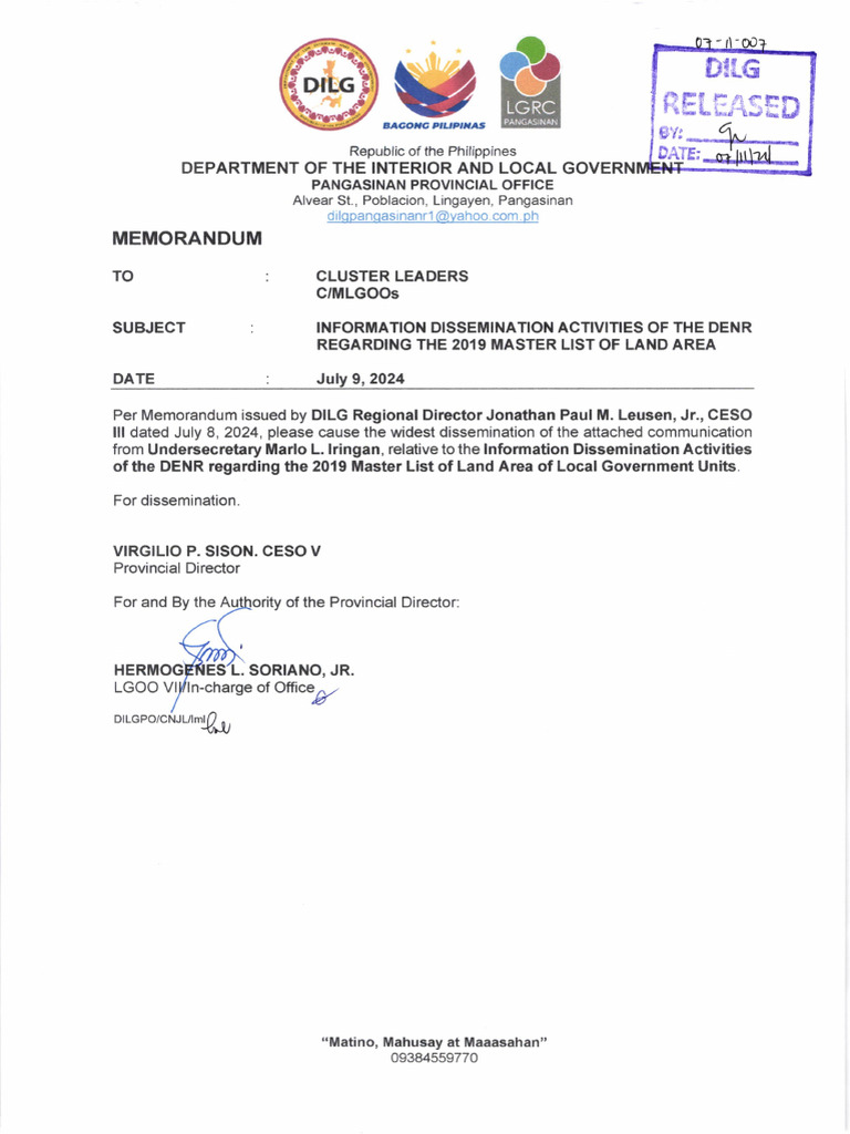 Memorandum Re Information Dissemination Activities of The Denr ...