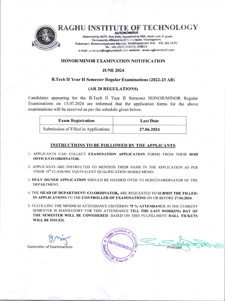 Ar 20 Rit B Tech Ii Year Ii Semester Minor and Honors Regular Examinations Notification June ...