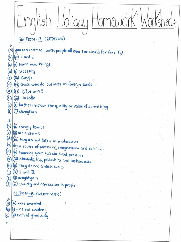 English Holiday Homework Worksheet | PDF